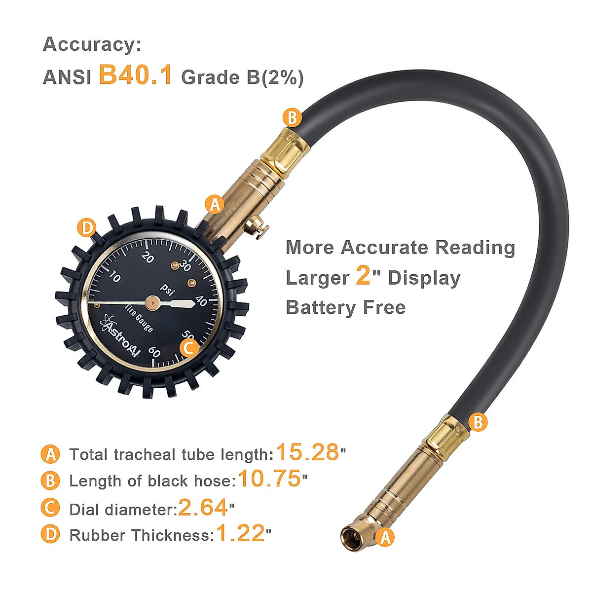 AstroAI Tire Pressure Gauge, 0-60 PSI, Certified ANSI B40.1 Accurate with Large 2" Dial Easy to Read for Car, SUV, Truck & Motorcycle