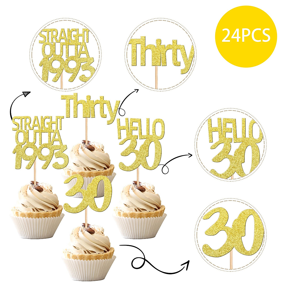 36PCS Happy 30th Birthday Cupcake Toppers Gold Glitter Thirty Hello 30 Straight Outta 1993 Cupcake Picks for Cheers to 30 Years Birthday Wedding Anniversary Party Cake Decorations Supplies