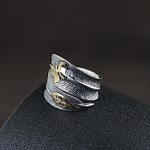 Two Tone 925 Sterling Silver Feather Ring with Golden Butterfly Leaf for Women Men Open Adjustable