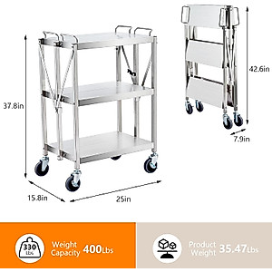 Agrestem 3-Tier Foldable Service Carts with Wheels, Rolling Cart Utility Cart Foldable Cart, 330 lbs Load Capacity, Heavy Duty Professional Utility Cart for Home, Commercial, Garage, Office