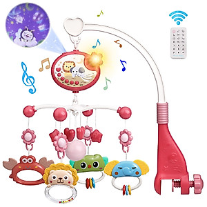 Mini Tudou Baby Crib Mobile with Music and Lights,360°Rotation Remote Control Musical Mobile for Crib with 400 Lullabies,Projection Night Light and Chewable Rattle Toy,Crib Mobile for Girls and Boys