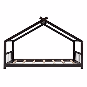 DEYOBED Twin House Bed for Kids - Wood Montessori Design with Headboard, Footboard - Espresso Finish, No Box Spring Needed
