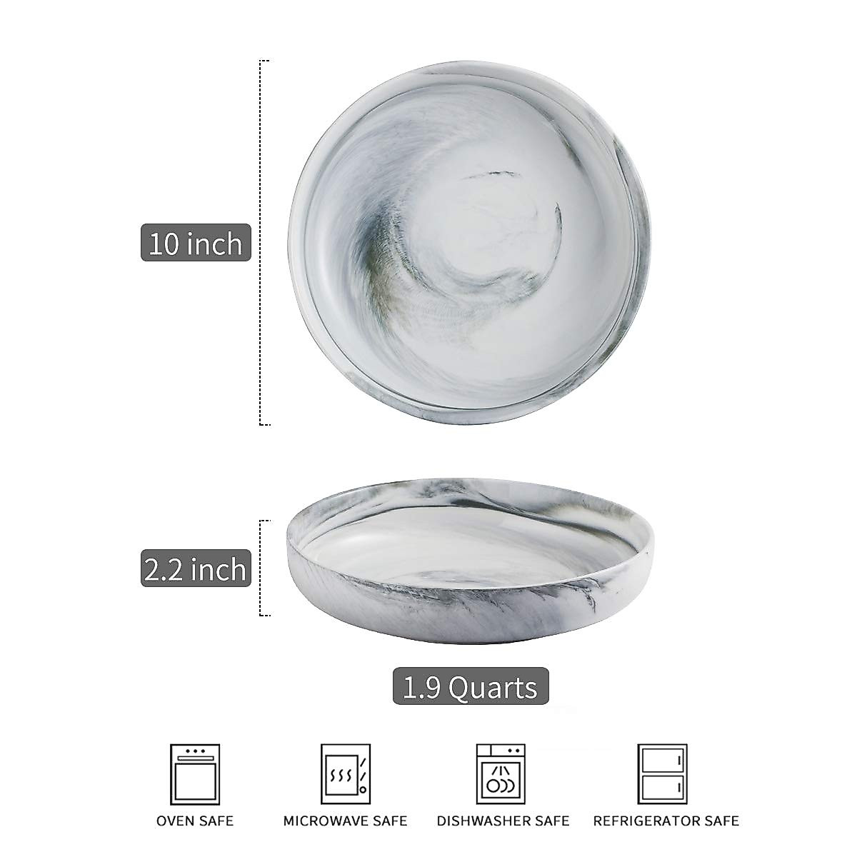 YHOSSEUN Serving Bowl Set, Ceramic Salad Serving Bowls Pasta Bowls Set of 2, Serving Dishes for Entertaining 10 inch Stackable Serving Bowls for Parties, Grey Marble