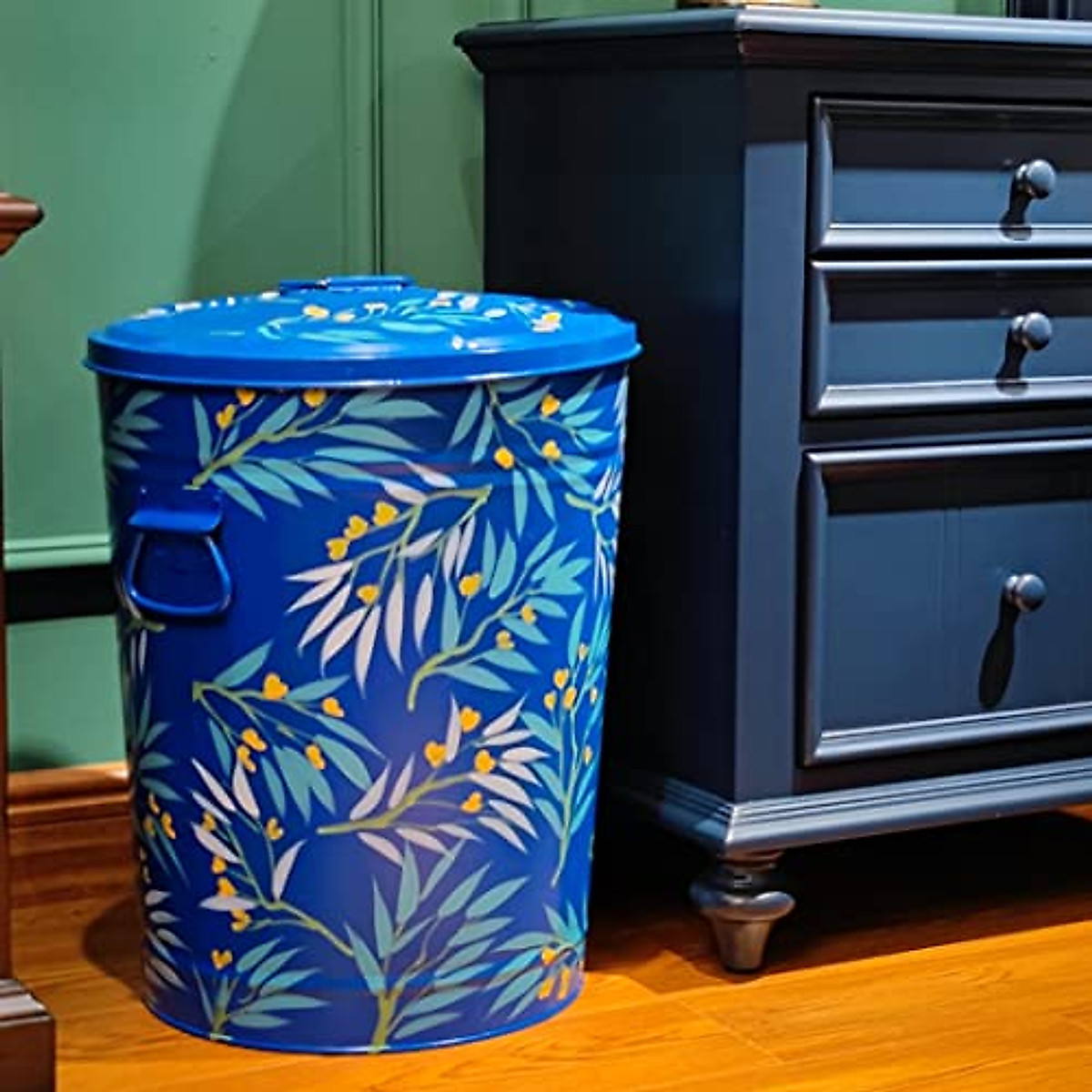 HOZUSO Hand Painted Metal Trash Can with Lid Recycling Canister Storage Organization Decorative Garbage Can Waste Bin for Kitchen Living Room Home Patio Yard Home Decor 10 Gallons