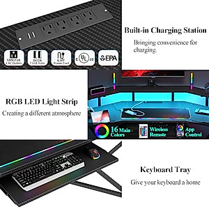 Auromie 72" Gaming Desk with Power Outlet & Led Strip, Large Wing-Shaped Computer Desk w Monitor Stand & Keyboard Tray & RGB Mouse Pad, Studio Desk w Storage Shelf Headphone Hook Cup Holder