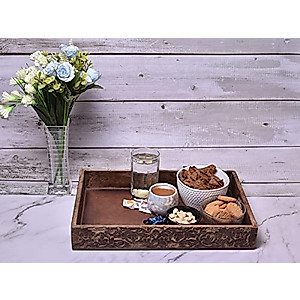 STORE INDYA Hand Carved Wooden Breakfast Serving Tray with Handle for Breakfast Tea Snack Dessert | Kitchen Dining Serve-Ware Accessories | 15 x 10 Inches