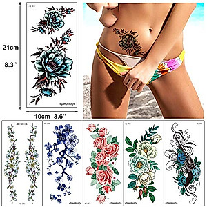 Glaryyears Temporary Tattoos for Women Female, 18-Pack Large Big Fake Tattoos, Long-lasting Flower Tattoos, Floral Design Variety Pack Realistic Tattoos 3D, Sexy for Body Arm Chest Shoulder Thigh
