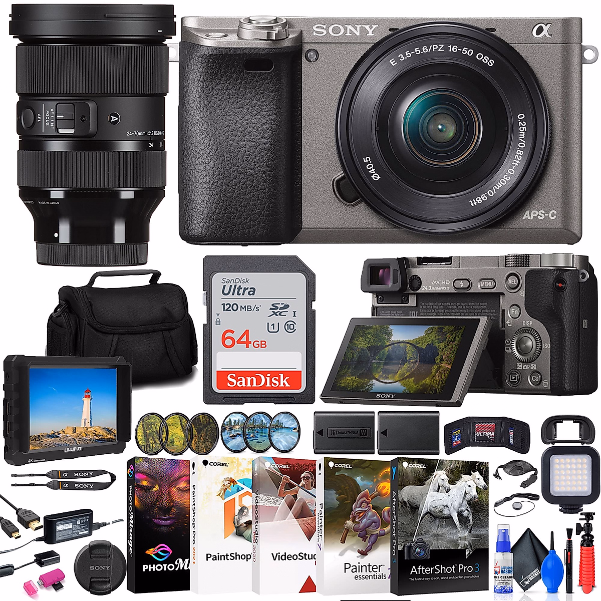 Sony Alpha a6000 Mirrorless Digital Camera with 16-50mm Lens (Graphite) (ILCE6000L/H) + Sigma 24-70mm f/2.8 Lens (578965) + Filter Kit + Bag + 64GB Card + NPF-W50 Battery + More (Renewed)
