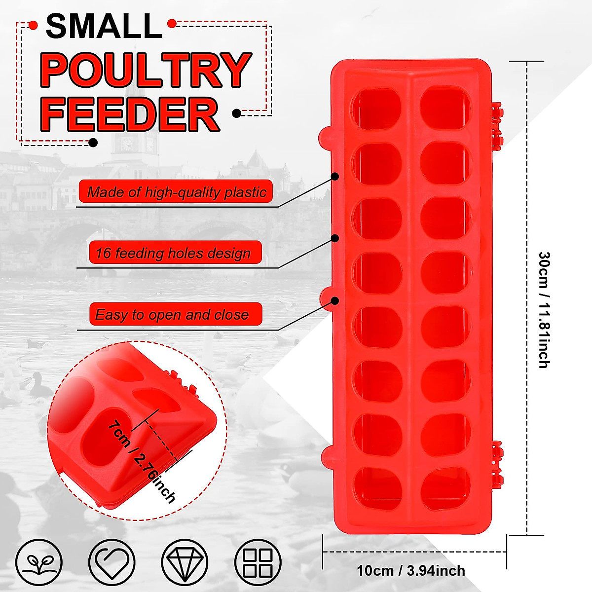 4 Plastic Flip Top Bird Small Poultry Feeder for Pigeon Chicken Feeder Small Poultry Feeder Drinker Duckling Quail Feeder No Mess No Waste Multihole Birds Feeding Dish Dispenser (Red)
