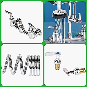 TCEUMIK Commercial Kitchen Sink Faucet with Pre-Rinse Sprayer 8'' Center 36'' Height with 12'' Swivel Spout Adjustable Wall-Mount Faucet for 2 or 3 Industrial Restaurant Compartment Utility Sinks