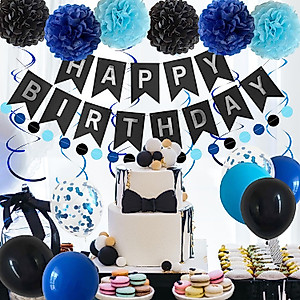 Black Blue Birthday Party Decorations for Men Boys with Happy Birthday Banner,Hanging Swirls,Tissue Paper Pompoms,Circle Dots Garland,Tassel Garland and Blue Birthday Balloons