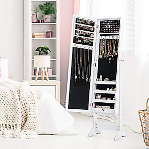 Giantex Jewelry Cabinet with Full-Length Mirror, Standing Jewelry Armoire Organizer with 64 Earring Slots, 72 Ring Slots, 20 Necklace Hooks, 4 Storage Shelves, 3 Angle Adjustable (White)