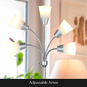 Brightech Medusa Modern LED Floor Lamp – Multi Head Dimmable Floor Lamp for Living Rooms & Offices – Tall Lamp with Interchangeable Shade, Standing Lamp with 5 LED Bulbs for Hobbies - Silver