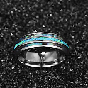 NUNCAD 8mm Tungsten Carbide Wedding Ring Polished Finish Green Opal and Abalone Shell Inlay Comfort Fit Sizw 6.5