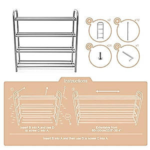Gurkkst 4 Tier Extendable Long Shoe Rack for Closet Shoe Organiser Strong and Durable Heavy Duty Metal Shoe Shelf Holds 20+ Pairs (60-100) x 22,5 x 61,5 cm