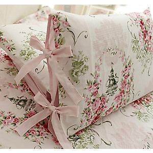 FADFAY 7Pcs Shabby Rose Floral Duvet Cover Sheets Set Queen Size, 1 Duvet Cover+1 Flat Sheet+1 Fitted Sheet+ 4 Standard Size Shams