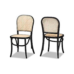 Baxton Studio Cambree Mid-Century Modern Brown Woven Rattan and Black Wood 2-Piece Cane Dining Chair Set