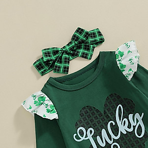 Newborn Baby Girl St. Patrick's Day Outfit Long Sleeve Four Leaf Clover Romper Ruffle Bodysuit Jumpsuit Headband Set (Green, 0-3 Months)