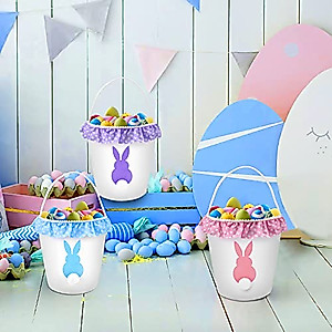 BOMMETER 3 pack Easter Egg Hunt Basket Bags for Kids Bunny Canvas Tote - Cotton Carrying Gift and Eggs Hunt Bag (Purple)