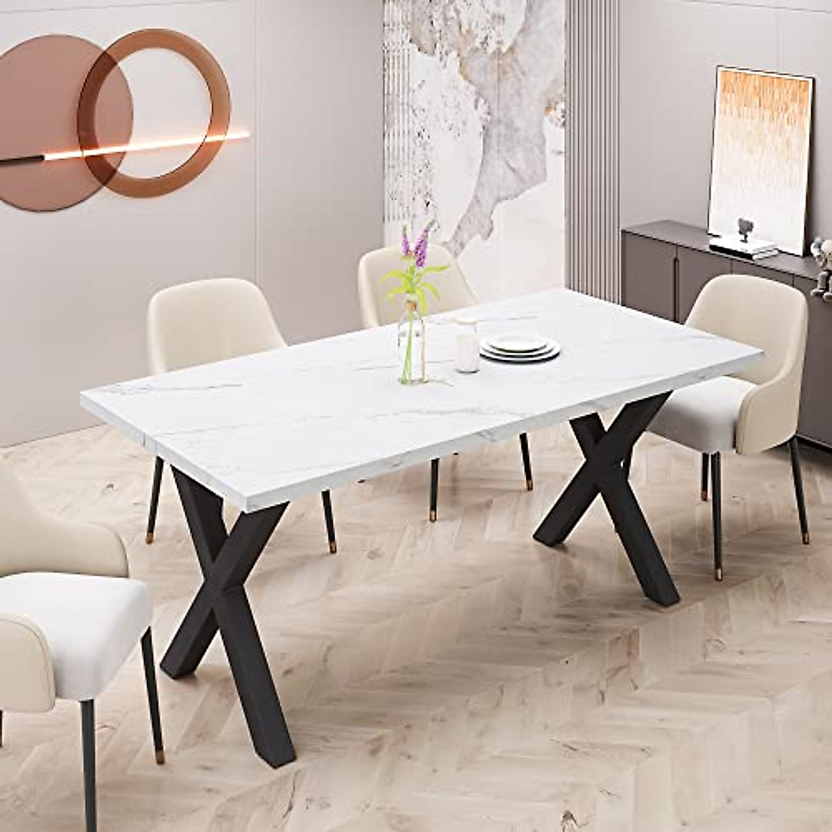 70.87" Faux Marble Dining Table, Modern Rectangular Dining Table with Printed Marble Table Top and X-Shape Stainless Steel Table Leg/Metal Base for Kitchen & Dining Room（White Top+ Black Legs）