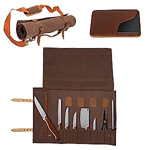 Prechepro (US Based Company Chef Knife Roll Bag With 10 Pockets, Tool Pouch And Leather Card Holder - Chef Knife Bag - Handmade Craftsmanship - Rugged Industrial Quality - Bag Only - No Knives