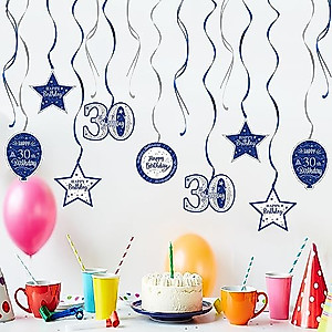 Nelbiirth Happy 30th Birthday Blue & Silver Glitter Swirls Streamers Party Decorations - 15 Pcs 30th Birthday Hanging Swirls Streamers Kit,Cheers to Thirty Years Old Bday Party Sign.