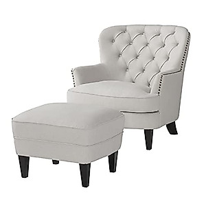 Great Deal Furniture Alfred Natural Fabric Club Chair with Ottoman, Beige, Black