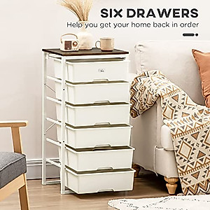 HOMCOM Dresser Storage Drawers with 6 Plastic Bins and Steel Frame, Crafting Bins for Living Room, Bedroom, White