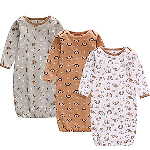 Baby Newborn Gown, 3 Packs Baby Sleeping Bag, Long Sleeve Sleep Sack, Cotton Cloths for Newborn Boys Girls 0-6 Months Pine Tree+wave+sloth