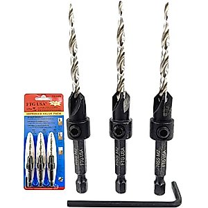 FTG USA Countersink Drill Bit Set 3 Pc #8 (11/64") Countersink Drill Bit with Tapered Drill Bits, Quick Change Hex Shank Countersink Bit, 1 Hex Wrench, Counter Sinker Drill Bit Set for Woodworking