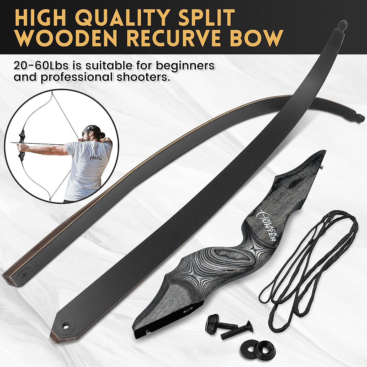 Obert Original Black Hunter Takedown Recurve Bow 60inch with Bamboo Core Limbs Archery Hunting Target Practice