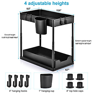Height-adjustable Under Sink Organizers and Storage, 2-Tier Under the Sink Organizer with Sliding Drawer, Hooks, and Hanging Cup, Premium Bathroom Organizer Under Sink
