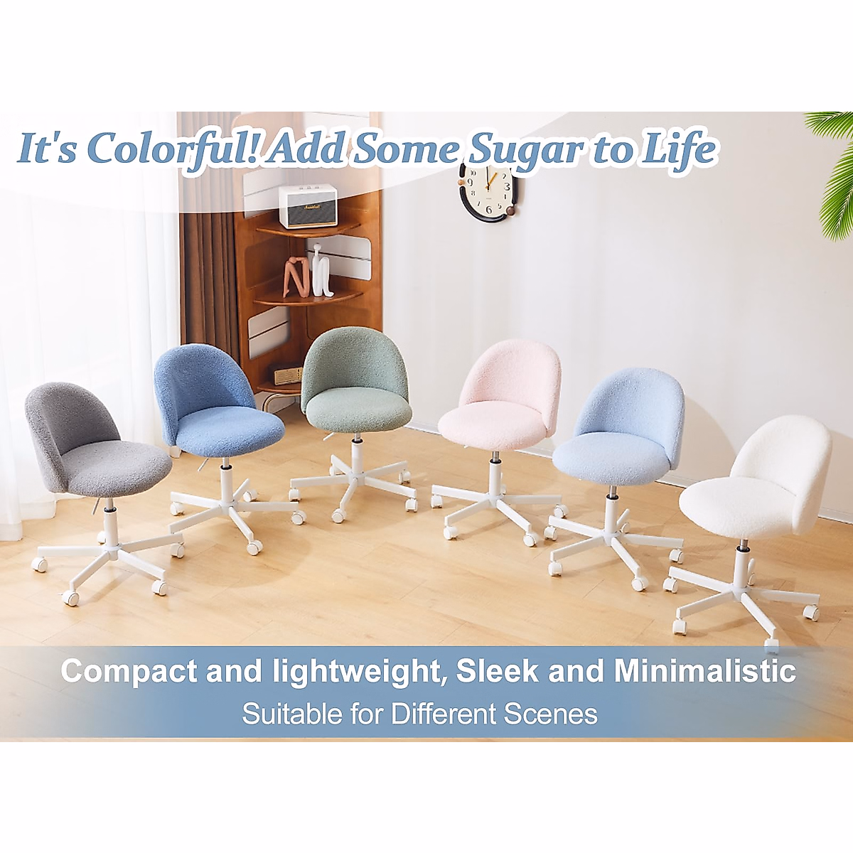 VINGLI Candy Chair Armless Cute Desk Chair,Comfy Small Office Chair with Wheels,Vanity Chair with Lumbar Support,Teddy Adjustable Rolling Swivel Computer Task Chair for Home Office,Bedroom,Gentle Pink