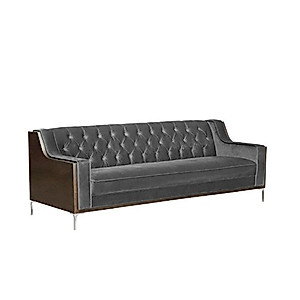 Iconic Home Clark Sofa Button Tufted Velvet Walnut Finish Swoop Arm Wood Frame with Polished Metal Legs, Modern Contemporary, Grey