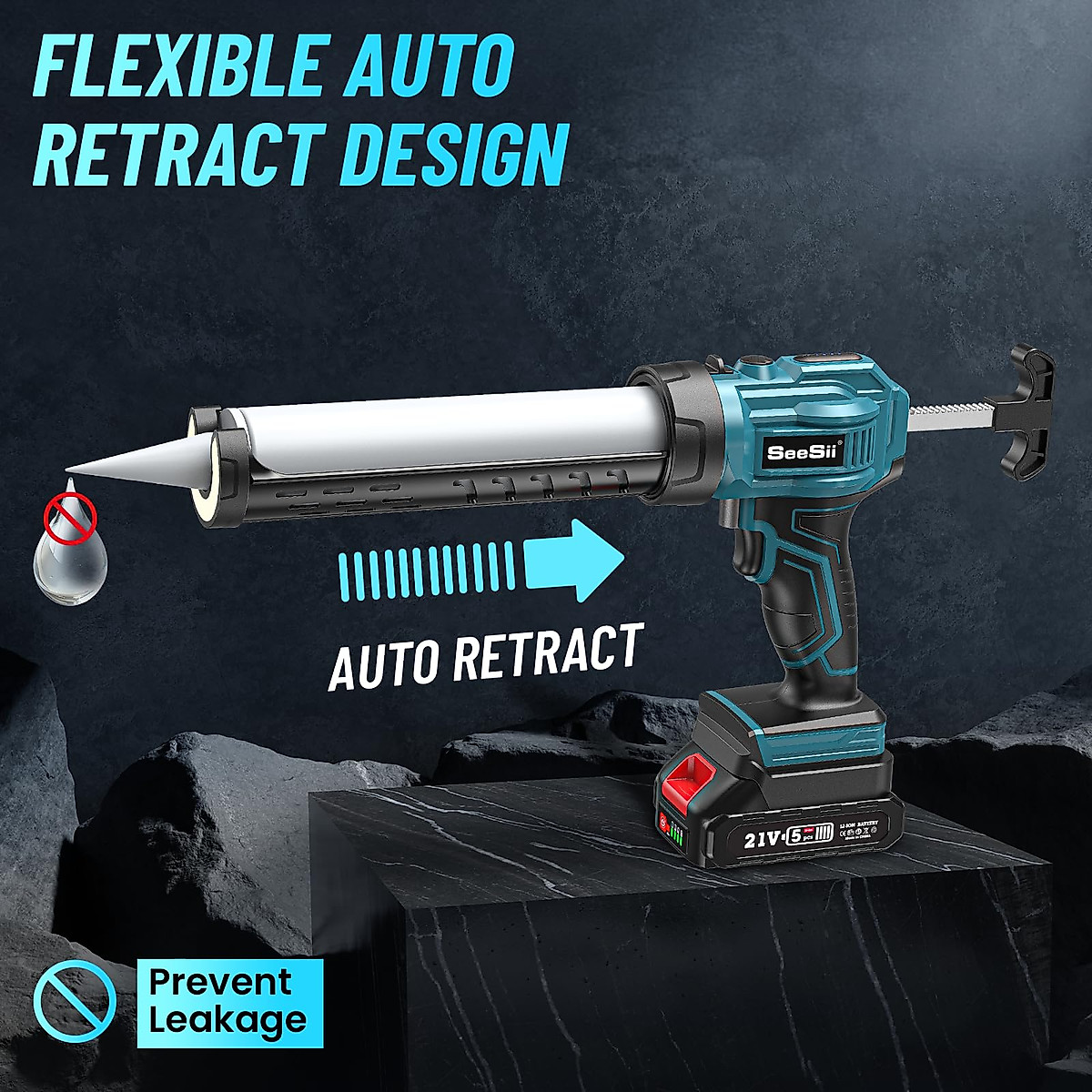 Seesii Cordless Caulking Gun, 21V Battery Powered Caulk Gun w/2 x 2.0AH Batteries, Electric Caulking Gun w/LED Light, 4 Speeds, Auto Retract, Adhesive Gun Kit for Filling, Sealing