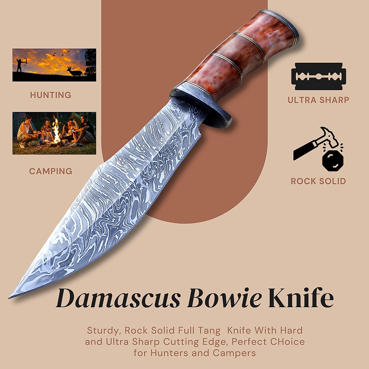 JNR Traders Fixed Blade Knife, Full Tang Damascus Knife for Hunting Camping Survival, Bowie Knife with Leather Sheath 0077