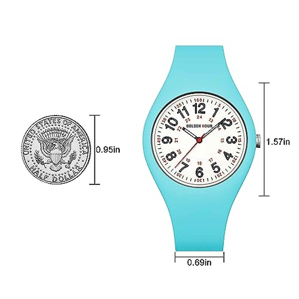 GOLDEN HOUR Waterproof Sports Analog Unisex Watches for Nurse Medical Professionals, Students - Military Time Glowing Easy to Read Dial, Jelly Silicone Strap in Light Blue