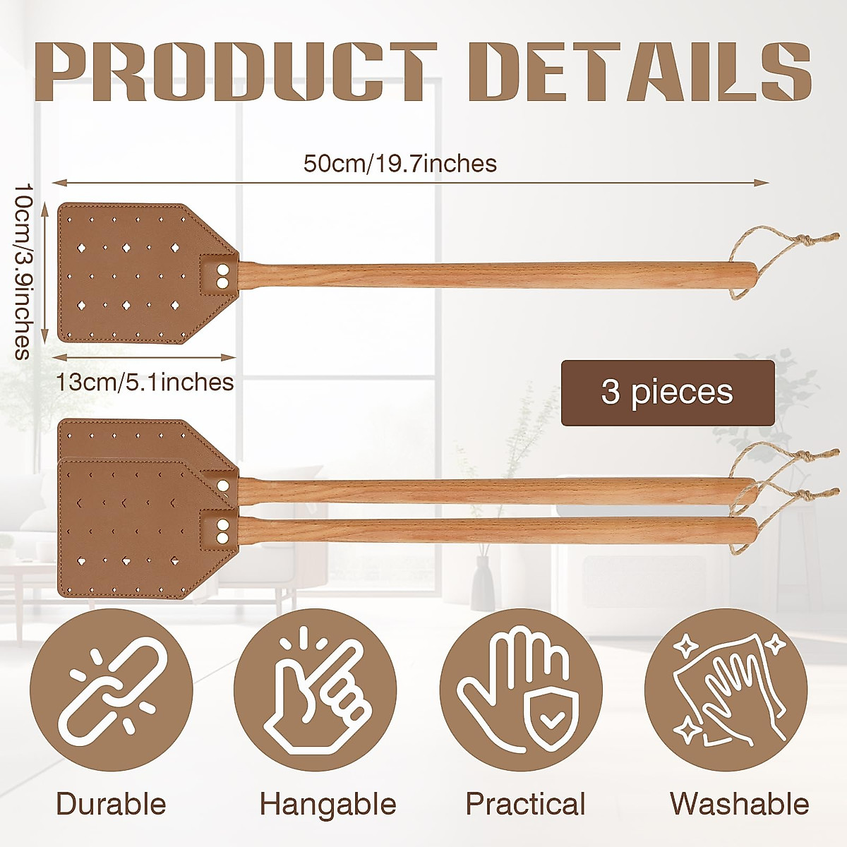ZOCONE 3 Pack Leather Fly Swatters with Lanyard, Sturdy Fly Swatter Heavy Duty Wood Fly Swatter for Indoors and Outdoors