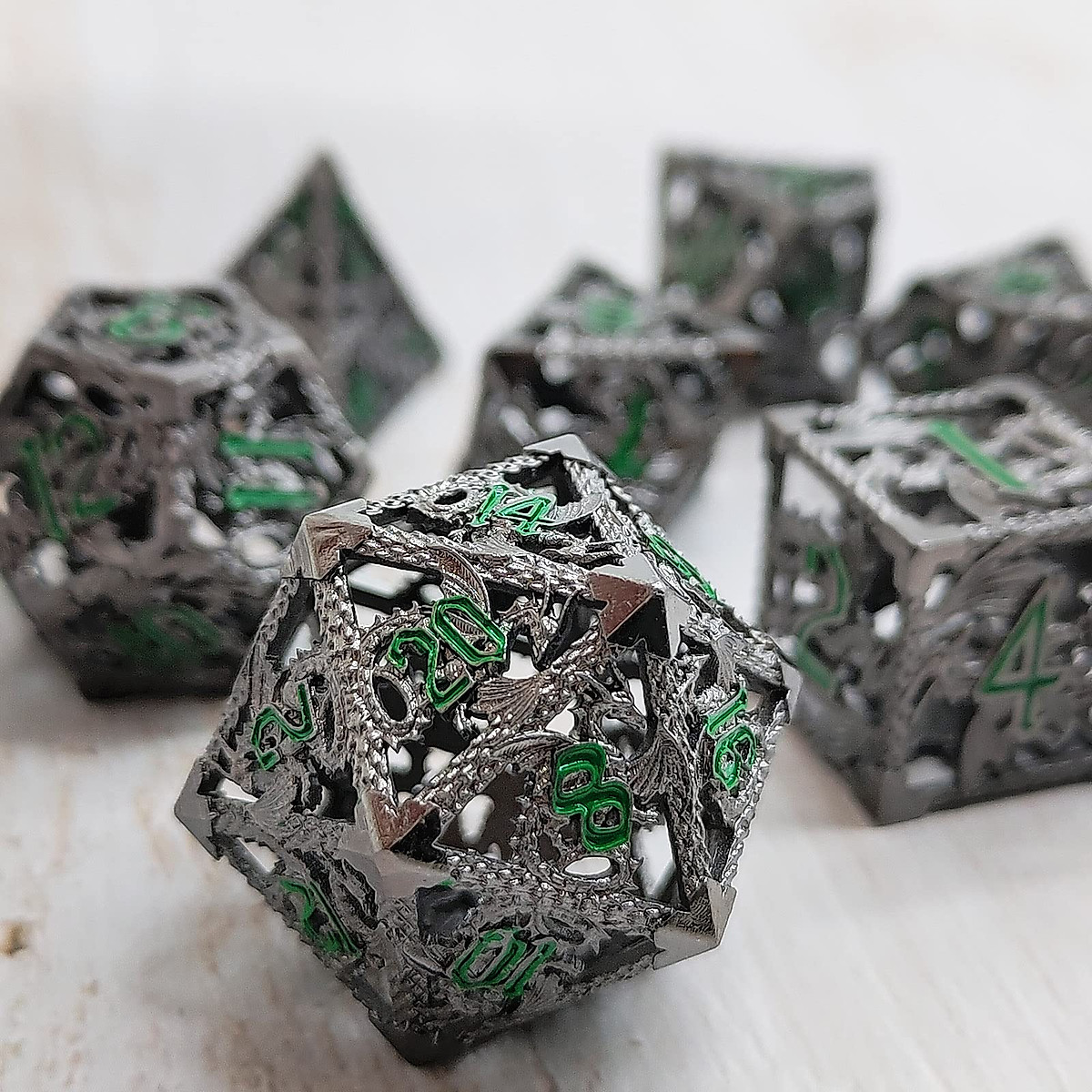 DND Dice Set Dungeons and Dragons Metal D&D Dice Polyhedral Dice Set RPG MTG Pathfinder Shadowrun Roleplaying Dice Games Gifts Accessories D N D Hollow Dice D20 D12 D10 D8 D6 D4, Black Nickel Green