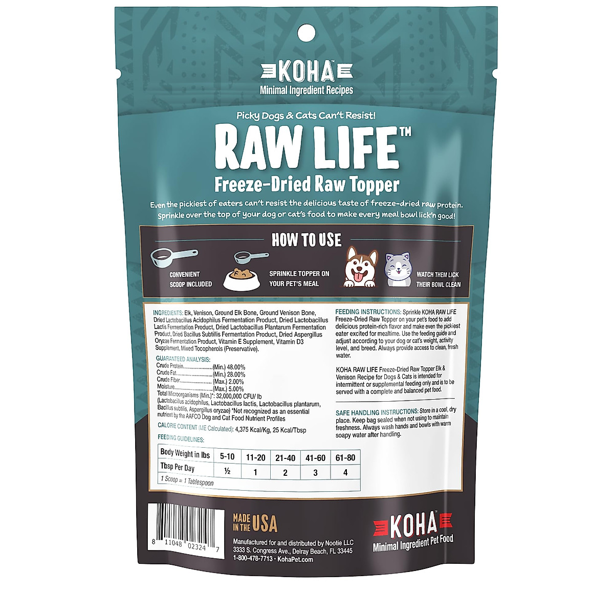 KOHA Raw Life Freeze-Dried Raw Topper Elk & Venison for Dogs and Cats, High Protein Meal Topper for Picky Eaters with Probiotics, 8oz Bag