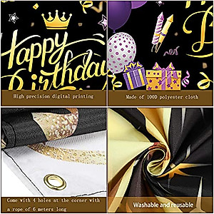 Lovyan Happy Birthday Backdrop Banner Extra Large Fabric Purple Gold Sign Poster Photo Booth Background for Men Women Birthday Anniversary Party Decoration Supplies, 71 x 43.3 Inch (Crown)