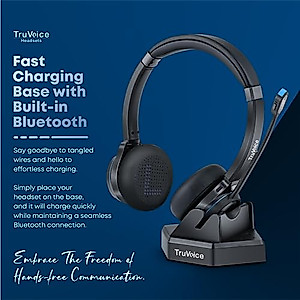 TruVoice BT65 Wireless USB Headset with Hi-Fi Audio and Noise Canceling Microphone - v5.2 Bluetooth Fast Charging Base and 15hr Talk time - Multi Connectivity with Both Computer and Cell Phone.