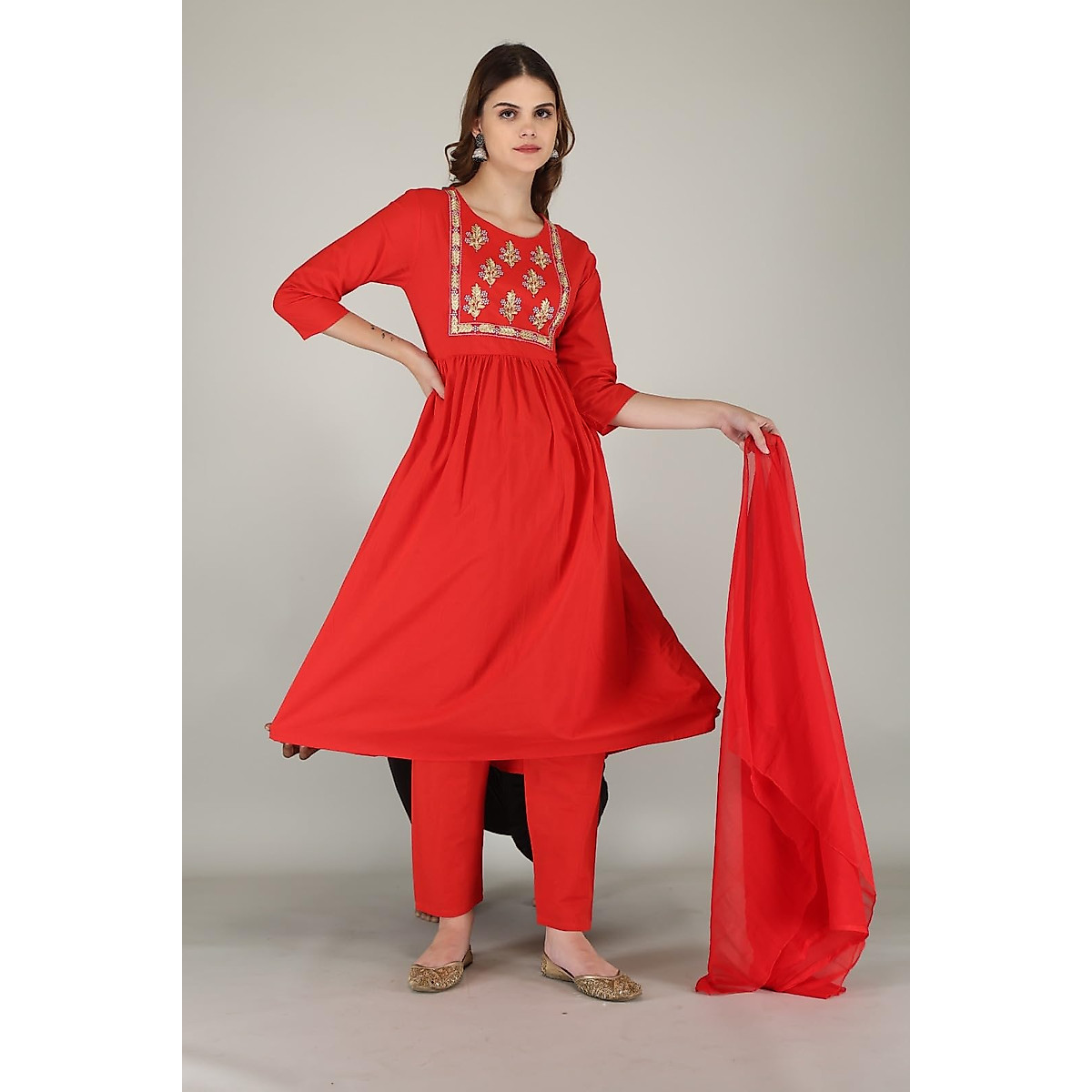 MAHICH WOMEN'S Rayon Anarkali Kurti, Plazzo with Dupatta Set (L) Red