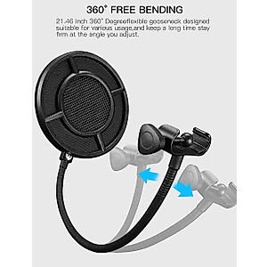 Mic Pop Filter, Professional Metallic Mic Pop Filter Mesh for Blue Yeti and Any Other Mic, ARISEN Dual Layered Microphone Pop Filter, Mic Filter with A Flexible 360° Gooseneck Clip Stabilizing Arm
