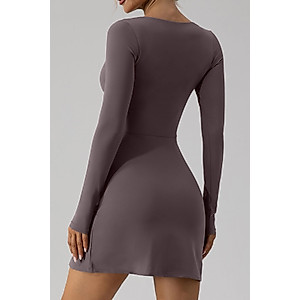 QINSEN Womens Sexy Sweetheart Neckline Double Lined Top Long Sleeve Athleisure Mini Dress Tea Leaf M