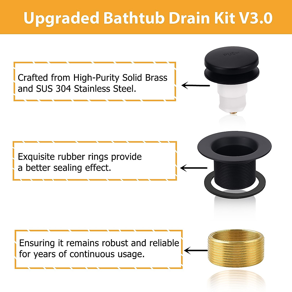YGboost Matte Black Tub Drain Overflow Kit - Universal Bathtub Drain Replacement with 2-Hole Overflow Faceplate Set, Tip-Toe Conversion Kit, Fine & Coarse Thread