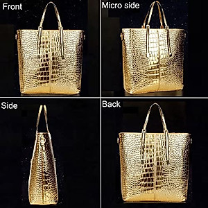 XingChen 3-PC Women PU Handbag+Shoulder Bag+Clutch Crocodile Pattern Top Handle Fashion Satchel Tote Purse Gold