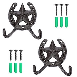 JUXYES Pack of 2 Cast Iron Lucky Horseshoe Wall Mounted Hook Heavy Duty Rustic Country Wall Coat Hook Star Decorative Hook Farmhouse Horse Shoe Vintage Towel Hook for Hats Coats Keys