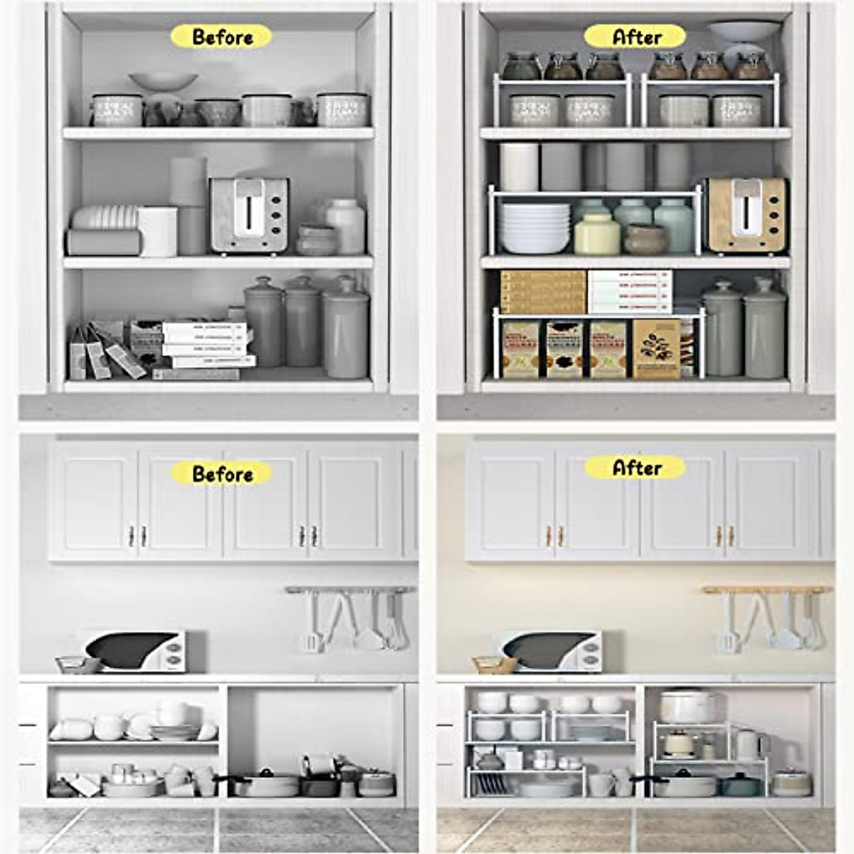 2 Pack Kitchen Shelf Organizer Cabinet Countertop Storage Shelves,Bathroom Pantry Office Space Saving Rust Resistant Non Slip Stackable Small Stand Metal Wire Rack,16 and 13 Inch White