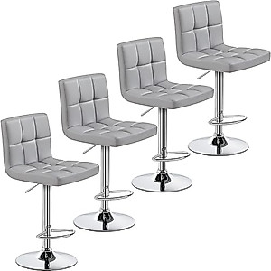 Yaheetech Bar Stools Set of 4, PU Leather Adjustable Barstools, Modern Counter Stools with Back and Footrest, Counter Height Barstools for Bar, Kitchen, Dining Room, Light Gray